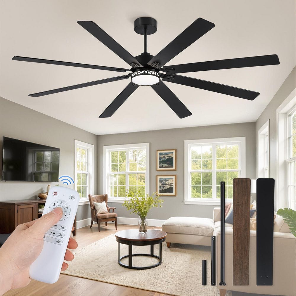 HINNIXY 84 in. Industrial Black 3-Color LED 6-Speed Ceiling Fan with ...