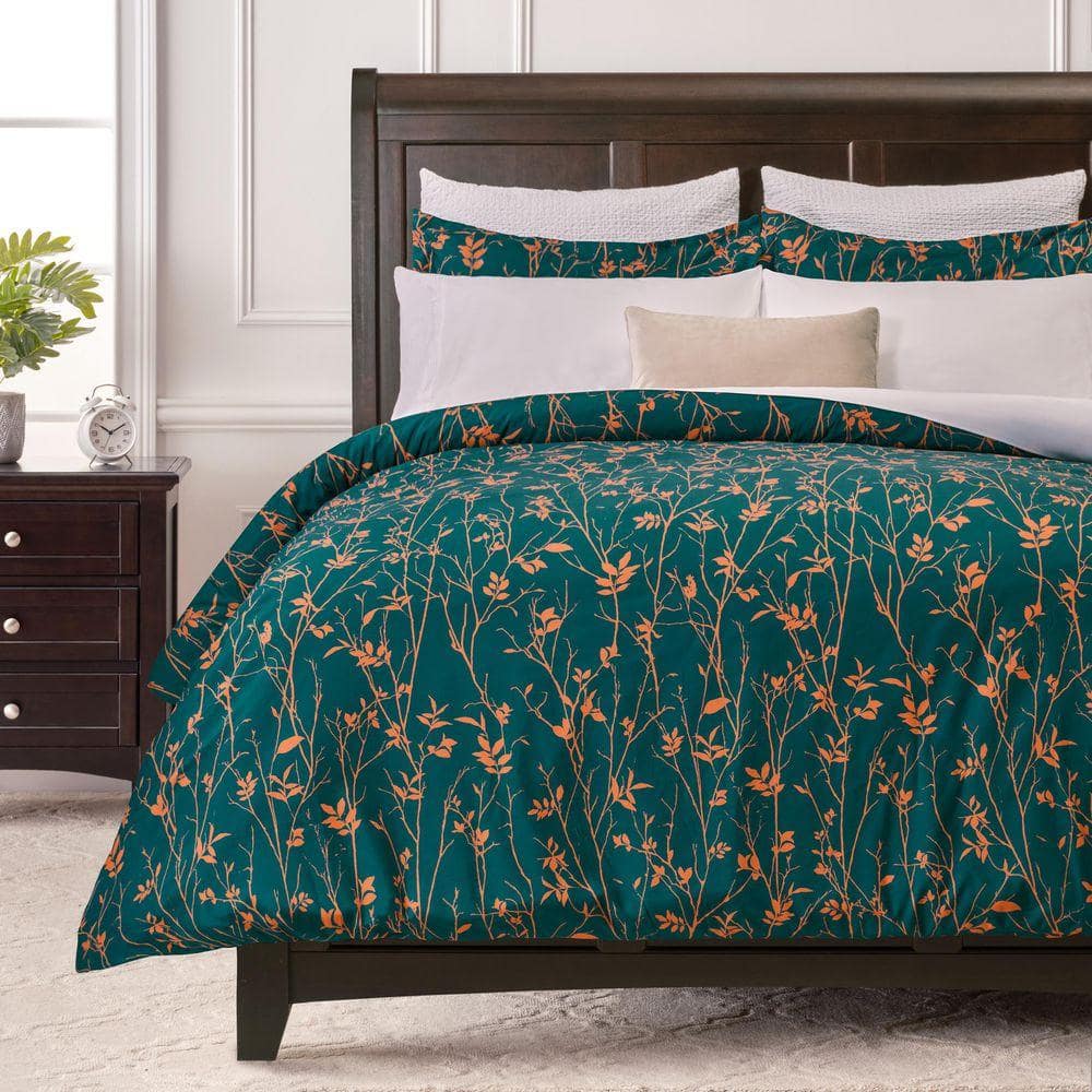 CHANASYA Chanasya 3-Piece Leaf Teal Bramble Print Microfiber Duvet ...