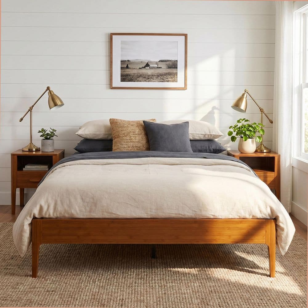 Harper & Bright Designs Brown Solid Bamboo Wood Frame Full Size ...
