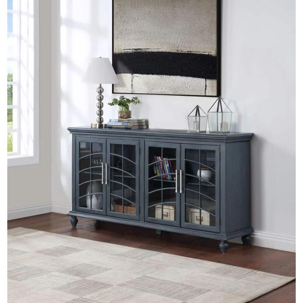 Litton Lane Dark Blue Wood 72 in. x 39 in. 4-Door Sideboard with Arched ...