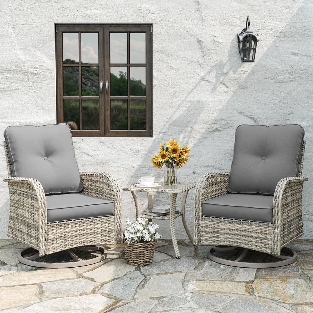 muphyers 3-Piece Wicker Swivel Outdoor Rocking Chair with Cushion Grey ...