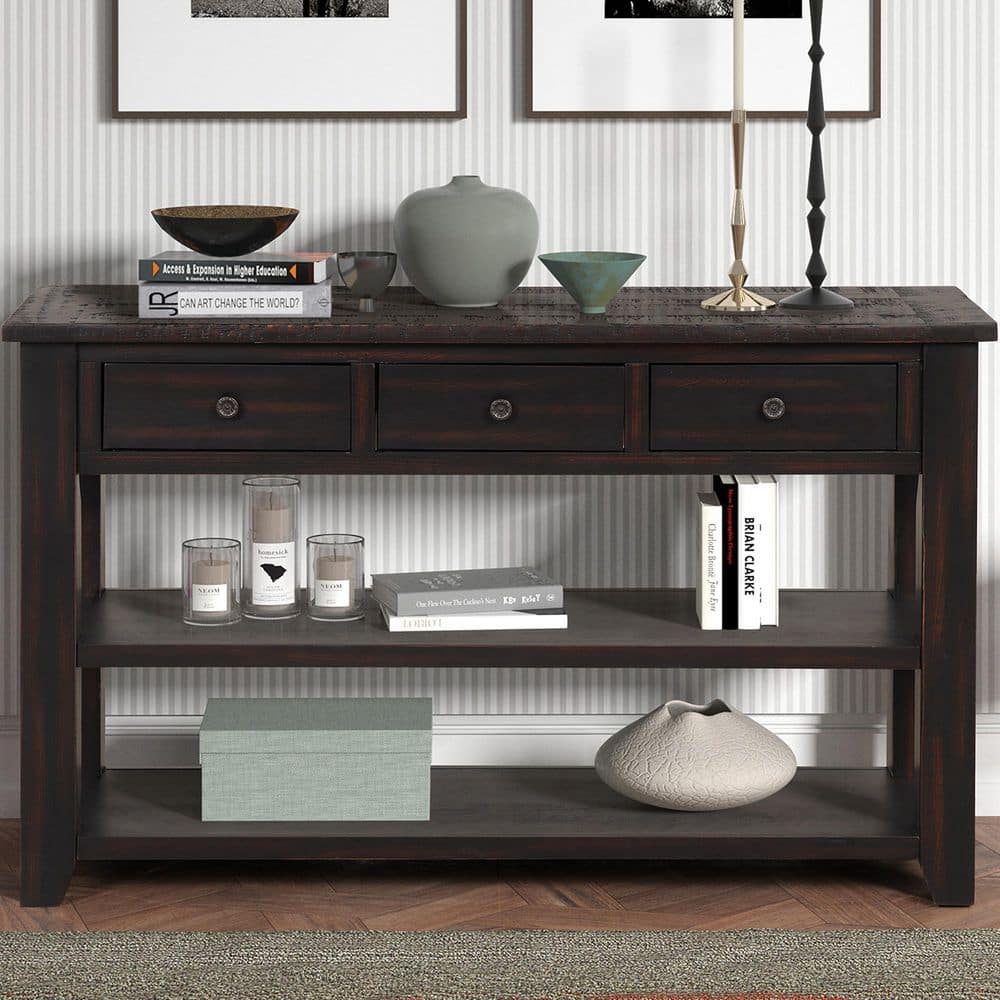 48 in. Black Rectangle Solid Pine Wood Top Console Table Entryway Sofa ...