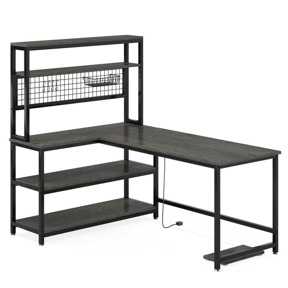 BYBLIGHT Lanita 55 in. L-Shaped Gray Wood Computer Desk with Wireless ...