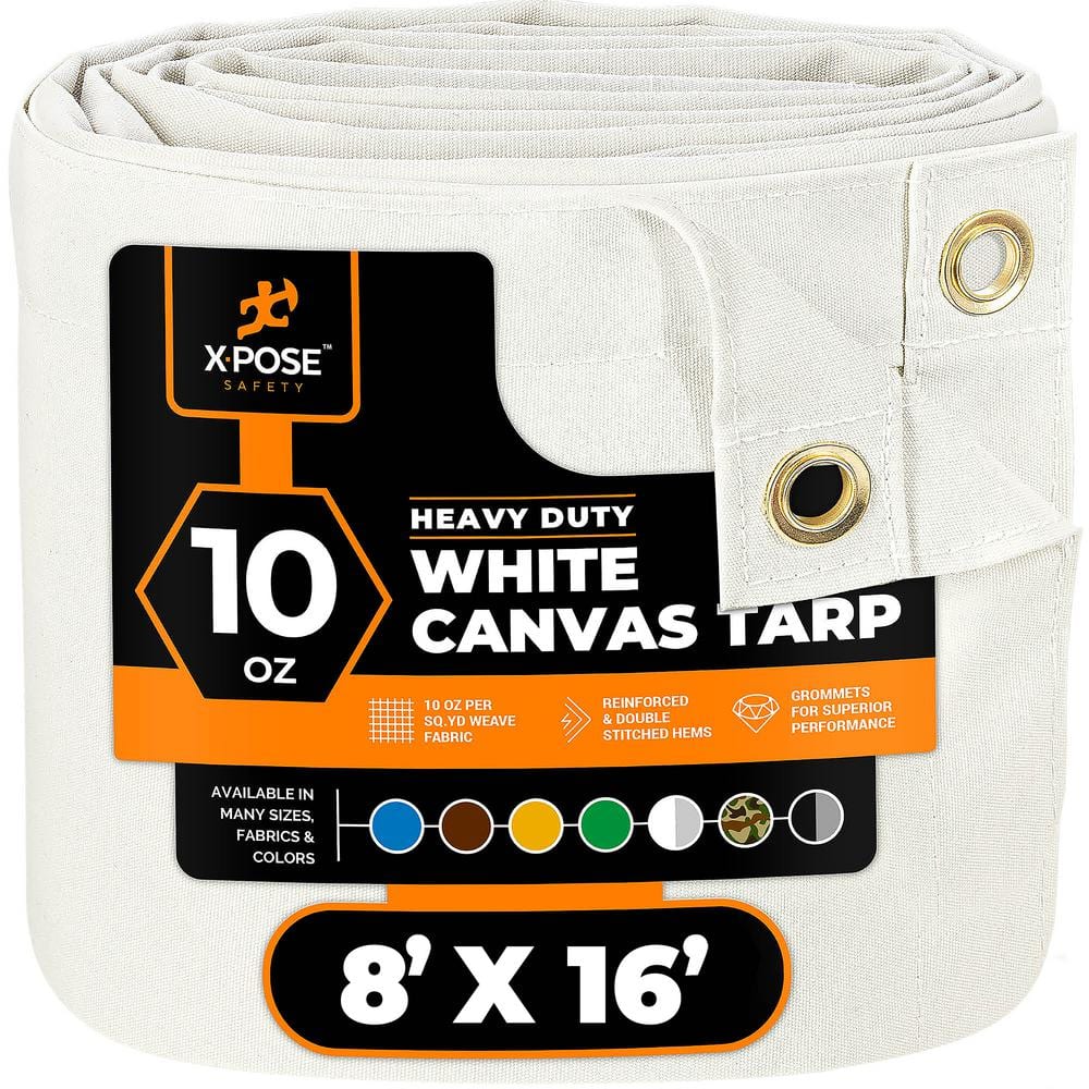 XPOSE SAFETY Canvas Heavy Duty 8 ft. W X 16 ft. L White 10 oz. Tarp ...