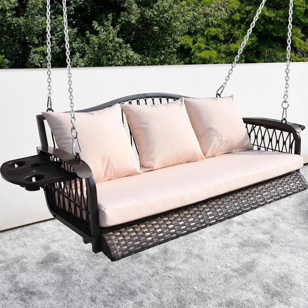 3-Person Brown Wicker Porch Swing with Khaki Cushions for Garden HG-278 ...