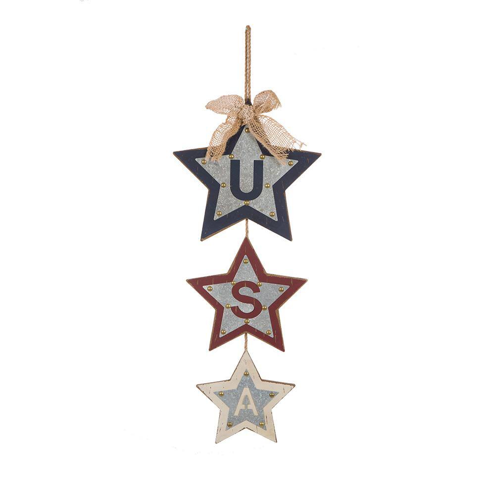 Glitzhome 24.8 in. H Galvanized Iron/Wooden Studded Star Dangle Sign ...