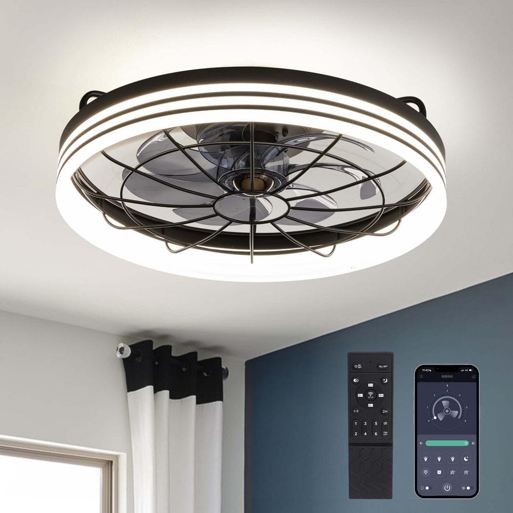 FANNEHONNE 19 in. Indoor Black Low Profile Ceiling Fan with Integrated ...