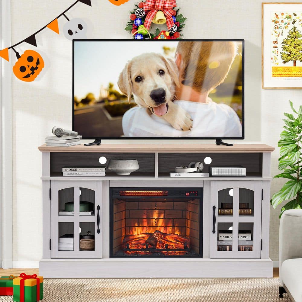 ToolCat 58 in. TV Stand with 23 in. Electric Fireplace Insert Storage Cabinet Adjustable Flame ...
