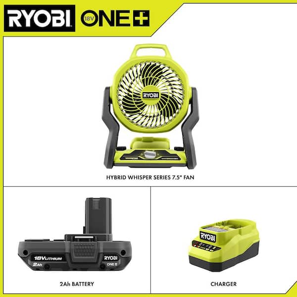 RYOBI ONE+ 18V Cordless Hybrid WHISPER SERIES 7-1/2 in. Fan with 2.0 Ah ...