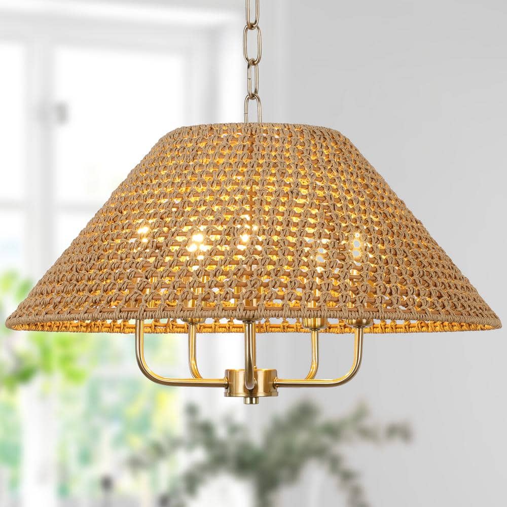 21.6 in. 5-Light Gold Bohemian Natural Rattan Chandelier with Hand ...