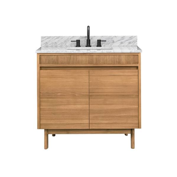 Avanity Kayla 37 in. Single Sink Natural Teak Bath Vanity with Carrara ...