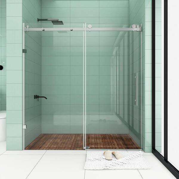 Reviews for JimsMaison 60 in. W x 76 in. H Single Sliding Frameless Shower Door in Brushed ...