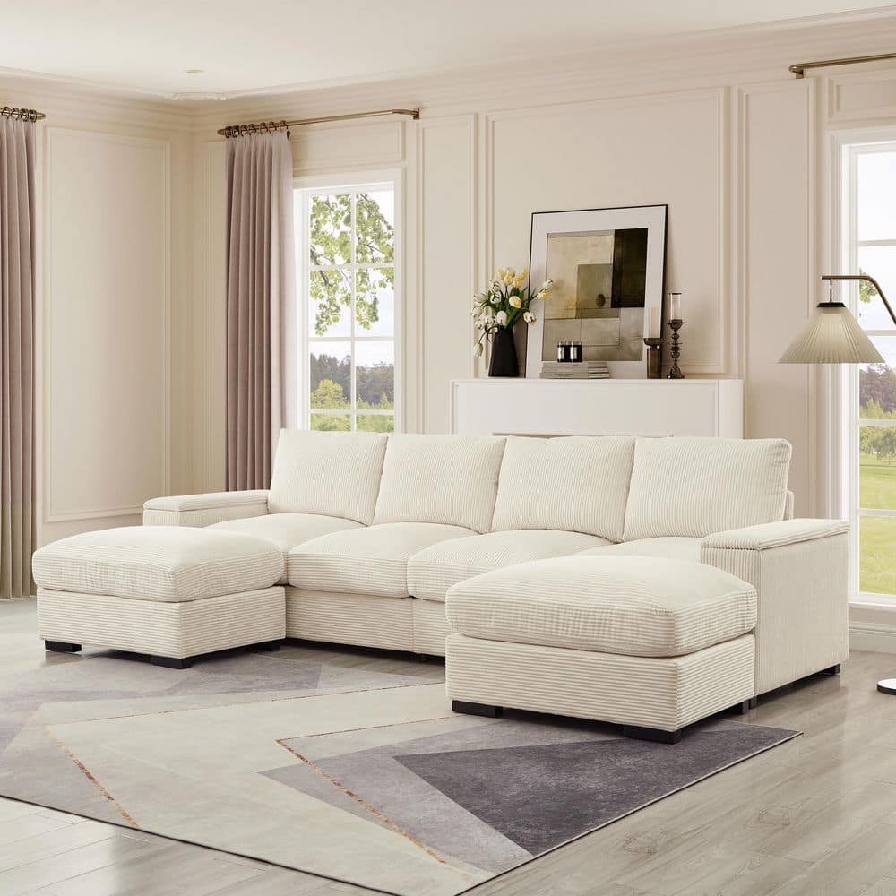 Noble House Jaxon Modern 122 in. Square Arms Corduroy U-Shaped Storage ...