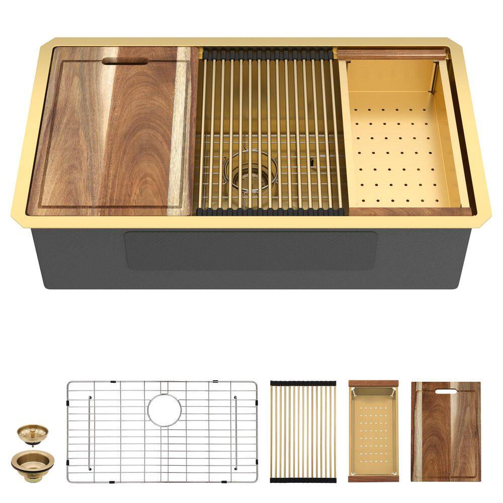 Fulorni 30 in. Undermount Single Bowl Workstation Kitchen Sink, 16 ...