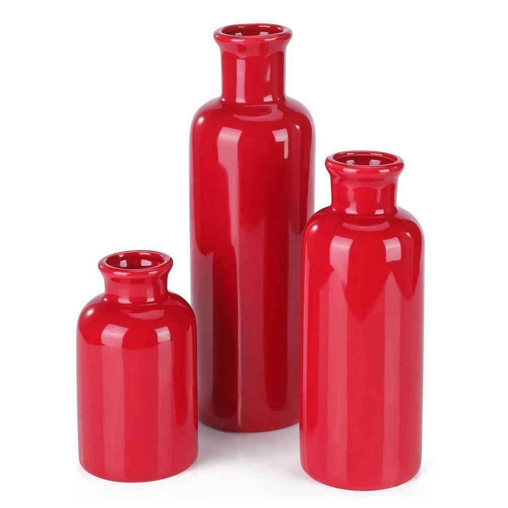 10 in. Red Ceramic Round Vase (Set of 3), Boho Modern Flower Vase Room ...