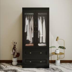 FUFU&GAGA Light Oak Wood 31.5 in. Bedroom Armoire with Frosted Glass Doors and 2-Drawers Z ...