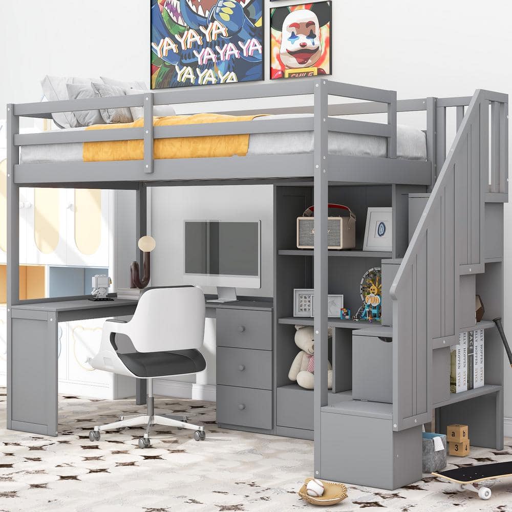 Polibi Twin Size Loft Bed with L-Shaped Desk and Drawers, Cabinet and Storage Staircase, Gray RS ...
