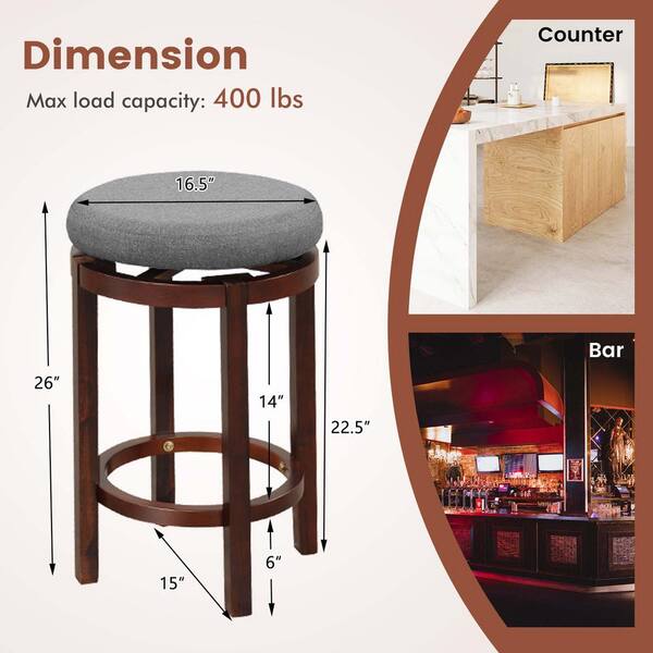 Costway 26 in. Gray Upholstered Swivel Round Bar Stools Wooden Pub Kitchen Chairs Set of 2 GHMHSKU01020