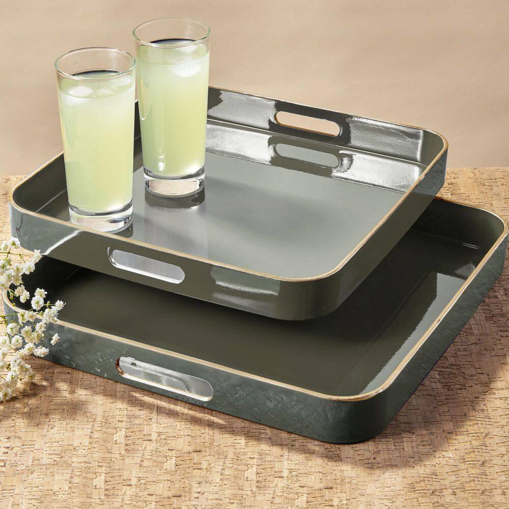 Trina Turk Sage Finished Square Serveware Serving Trays With Gold Rim ...