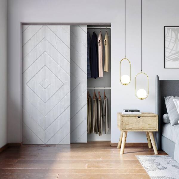 60 in. x 96 in. Hollow Core White Stained Pine Wood Interior Double Sliding Closet Doors