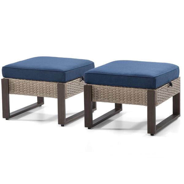 JOYSIDE Wicker Outdoor Patio Ottoman with Steel Frame and Dark Blue ...