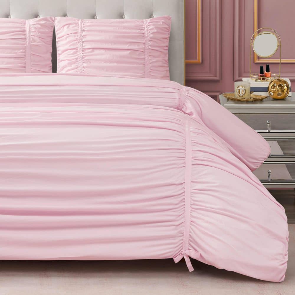 JUICY COUTURE Ribbon Ruched 3-Piece Pink Marshmallow Solid Color Microfiber Full/Queen Comforter ...
