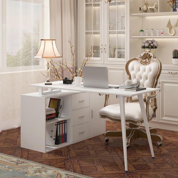 FUFU&GAGA 55.1 in. W L-Shaped White Wooden 3-Drawer Computer Desk ...