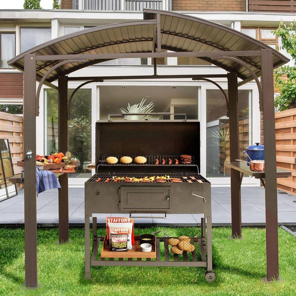 Coporesell 5 ft. x 8 ft. Outdoor Brown Metal Hardtop Grill Gazebos with ...