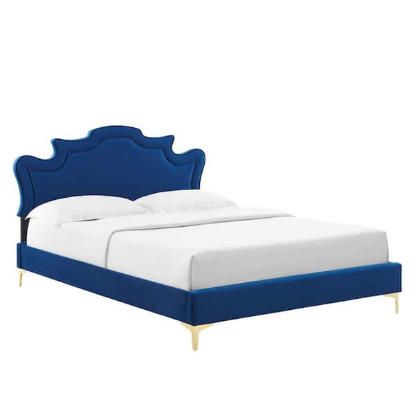 MODWAY Neena Blue Performance Velvet Frame Queen Platform Bed with ...