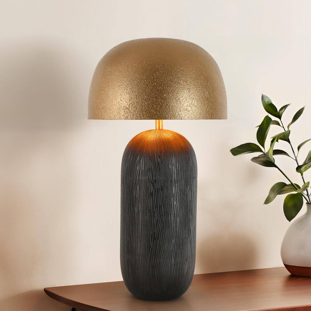 LNC Hecatonimos 25.6 in. Black Mid-Century Mushroom Table lamp with Textured Aged Gold Exterior ...