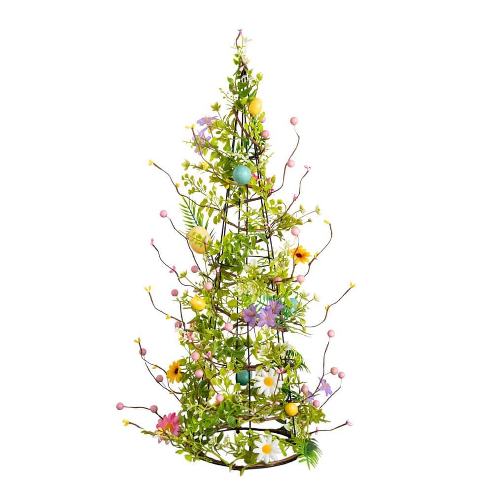 Nearly Natural 24 in. Artificial Easter Cone Tree with Wild Flowers and ...