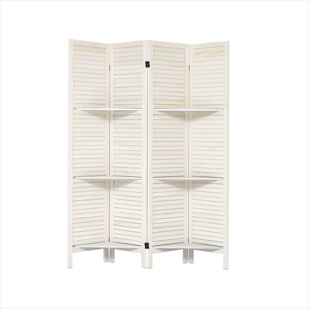 White 64 in. Wood Decorative Stand Room Divider with Shelves, 4 Panel ...