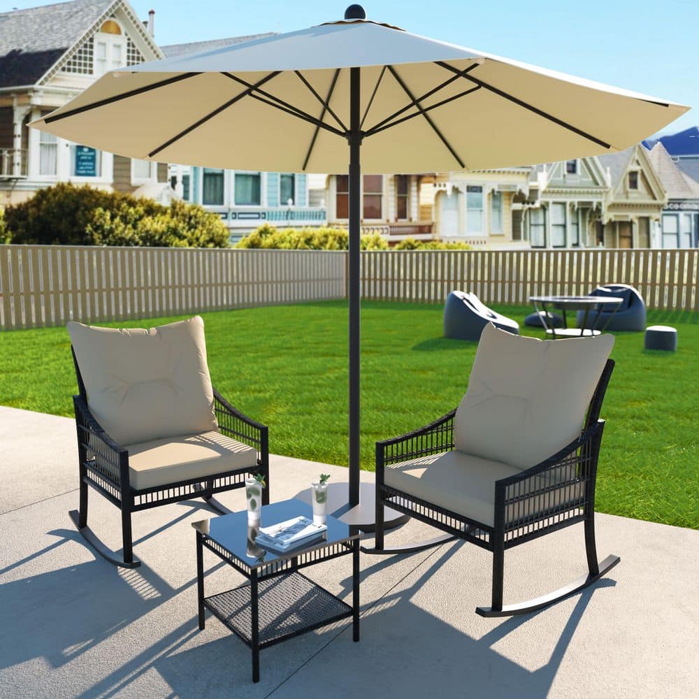 VEIKOUS Beige 3-Piece Patio Wicker Outdoor Rocking Chair Set with ...