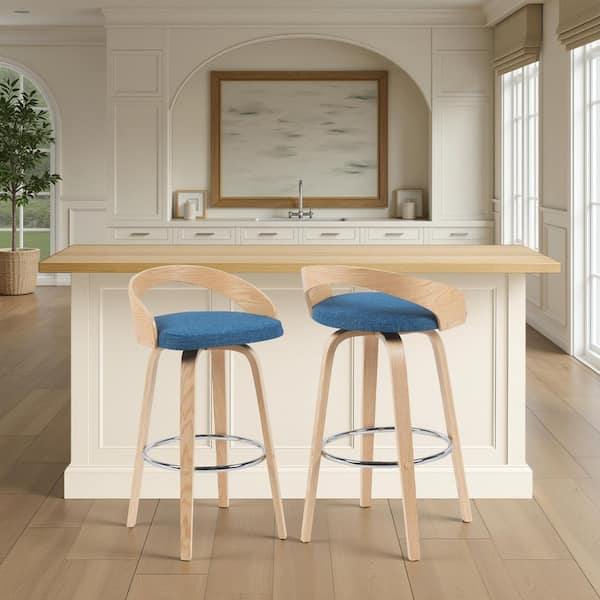 Armen Living Sonia 35 in. H Blue / Oak Open Back Wood Bar Stool with ...