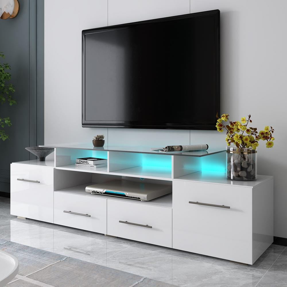 URTR 63 in. W White TV Stand w\ Color Changing LED Lights Fits TV's up ...