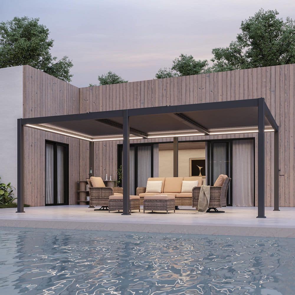 Sonkuki Sereno Series 12 ft. x 20 ft. All-Aluminum Pergola with Solar-Powered LED Lights ...