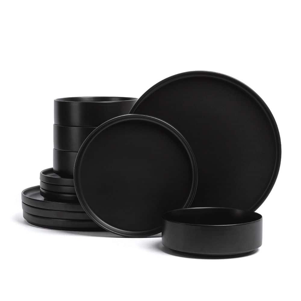 Over and Back Stackable 12-Piece Semi-Matte Black Hand-Finished Stoneware Dinnerware Set ...