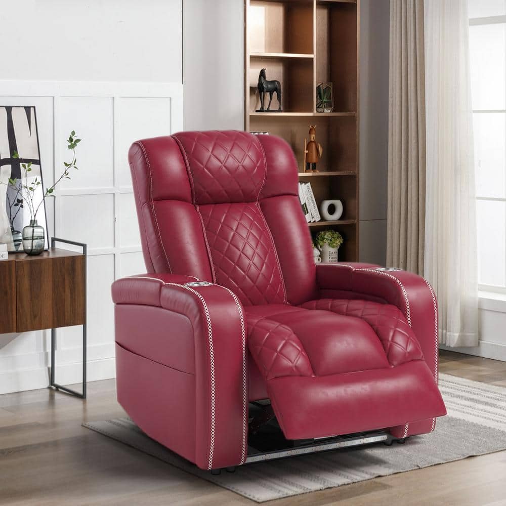 Bestier 34 in. Red Leather Suede Power Recliner Chair with 8-Vibration ...