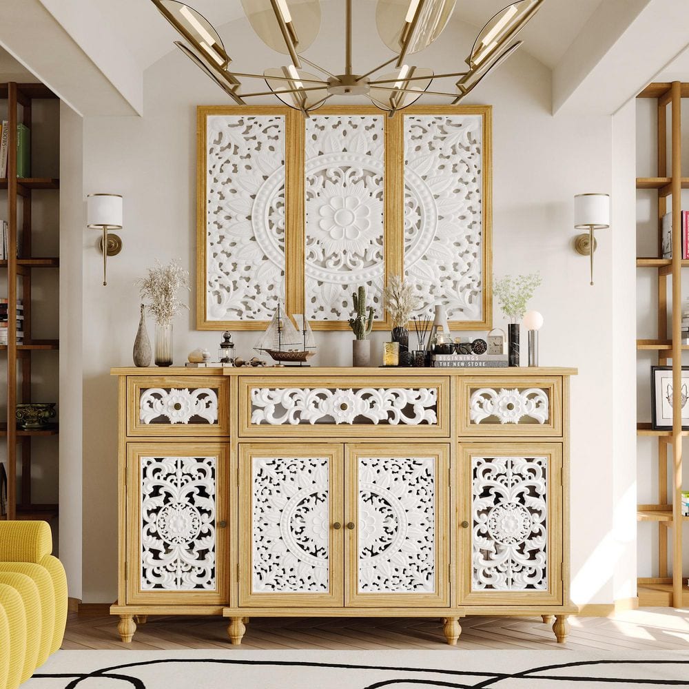 FUFU&GAGA Natural Wood Buffet Sideboard with Carved Door, 3-Drawer ...