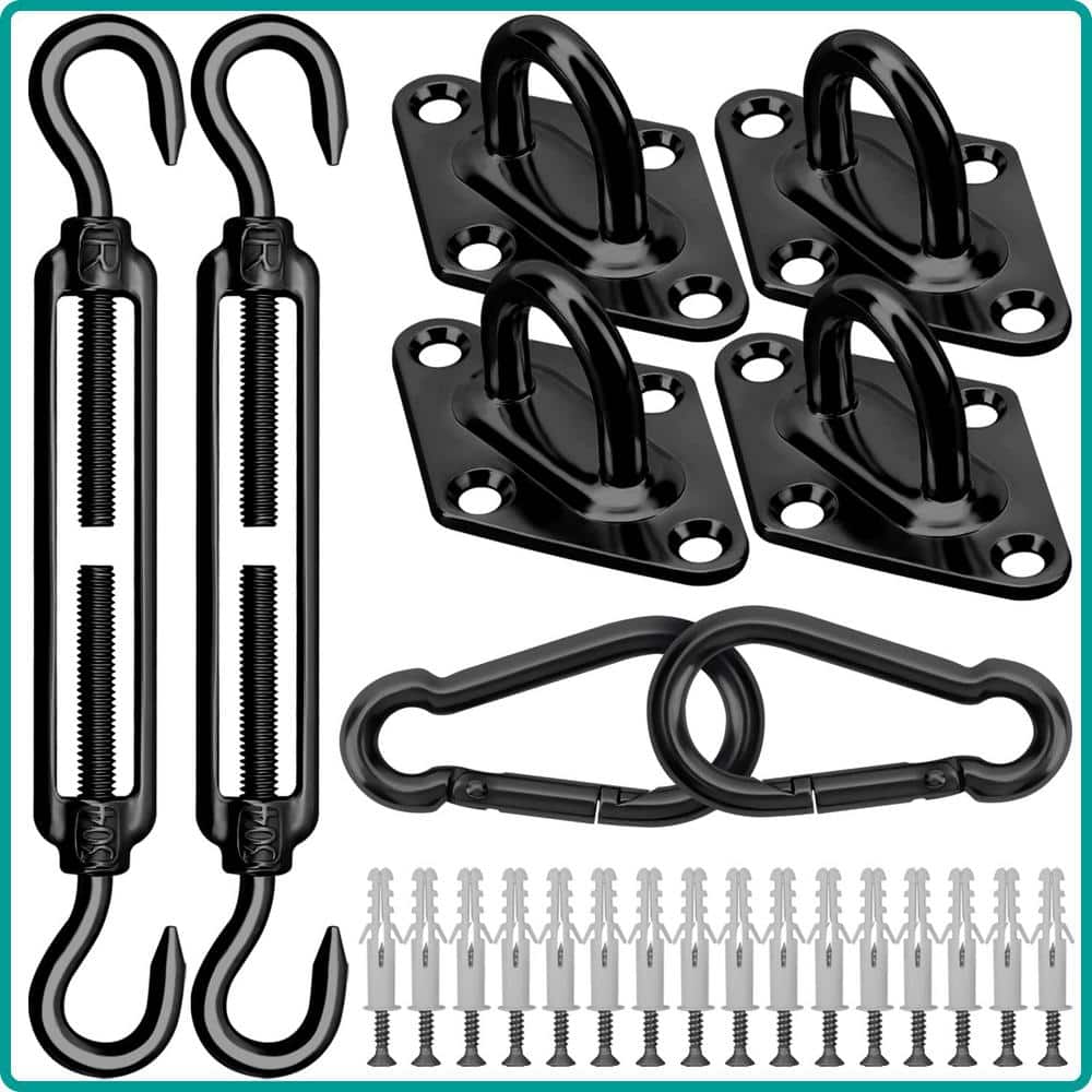 Angel Sar 6 in. Black Stainless Steel Sun Shade Sail Hardware Kit for ...
