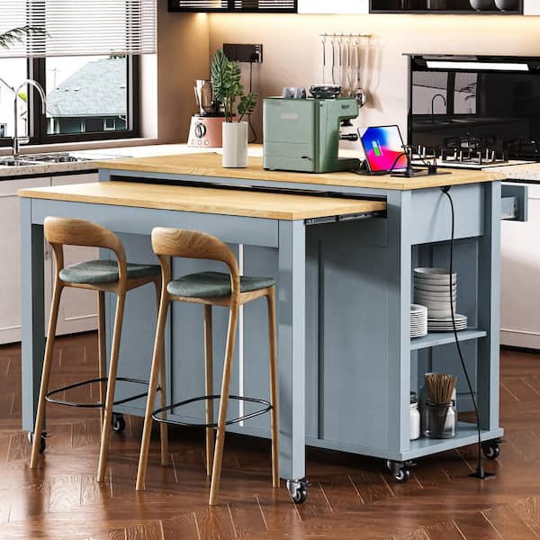 Blue Wood 47.2 in. Kitchen Island with Extendable Dining Table and ...