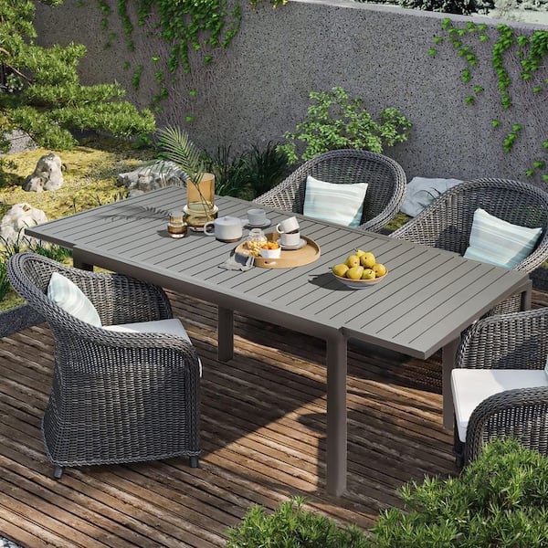 Upland Dark Brown Aluminum Rectangular Extendable Outdoor Dining Table ...