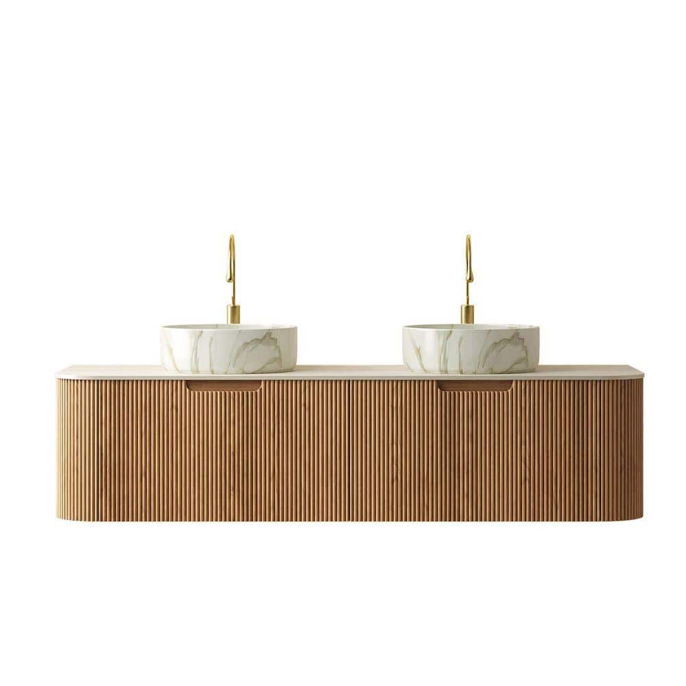 TCYO 60 in. Wall-Mounted Natural Wood Bath Vanity with Beige Sintered ...