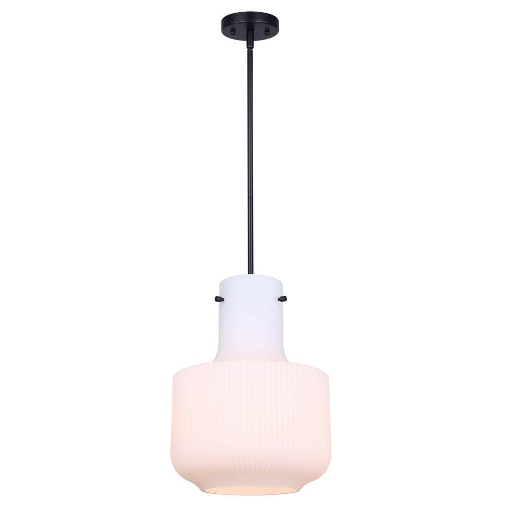 CANARM Adalie 60-Watt 1 Light Matte Black Pendant Light with White ...