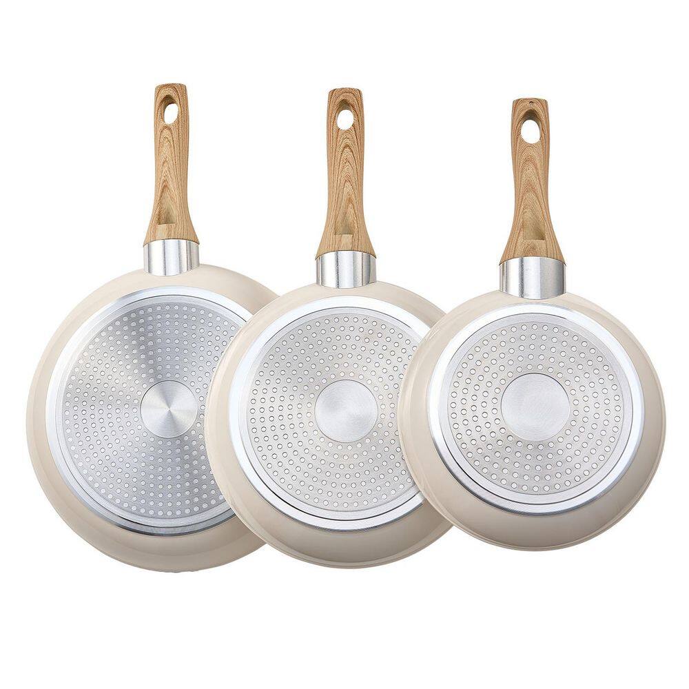 SKYSHALO 3-Piece Beige Aluminum Nonstick Frying Pan Set with Heat ...
