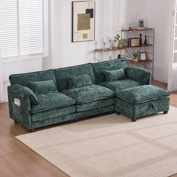 Noble House Pure 109.84 in Chenille L Shaped Sectional Sofa in Green ...