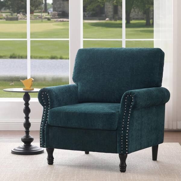 Hochwertiges Dark Teal Chenille Upholstered Wood Frame Accent Chair Armchair with Turned Legs and Tufted Rolled Armrests HD CH012DGN