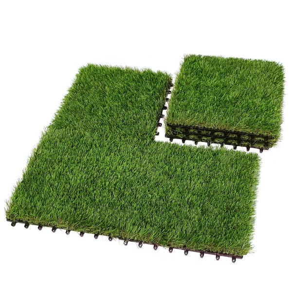 12 in. Green Artificial Grass Tiles-Interlocking 54-Pack for Outdoor ...