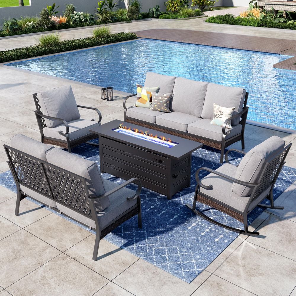 PHI VILLA 5-Piece Black Metal 7-Seats Fire Pit Patio Sets with Rocking ...