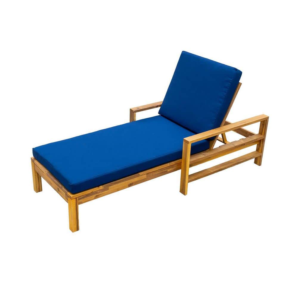 Acacia Wood Outdoor Lounge Chair with Blue Cushions, Chaise Lounge Lawn ...